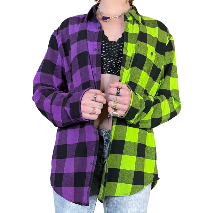 Purple & Neon Green Flannel - Womens Tie Dye Buffalo Plaid Shirt ...