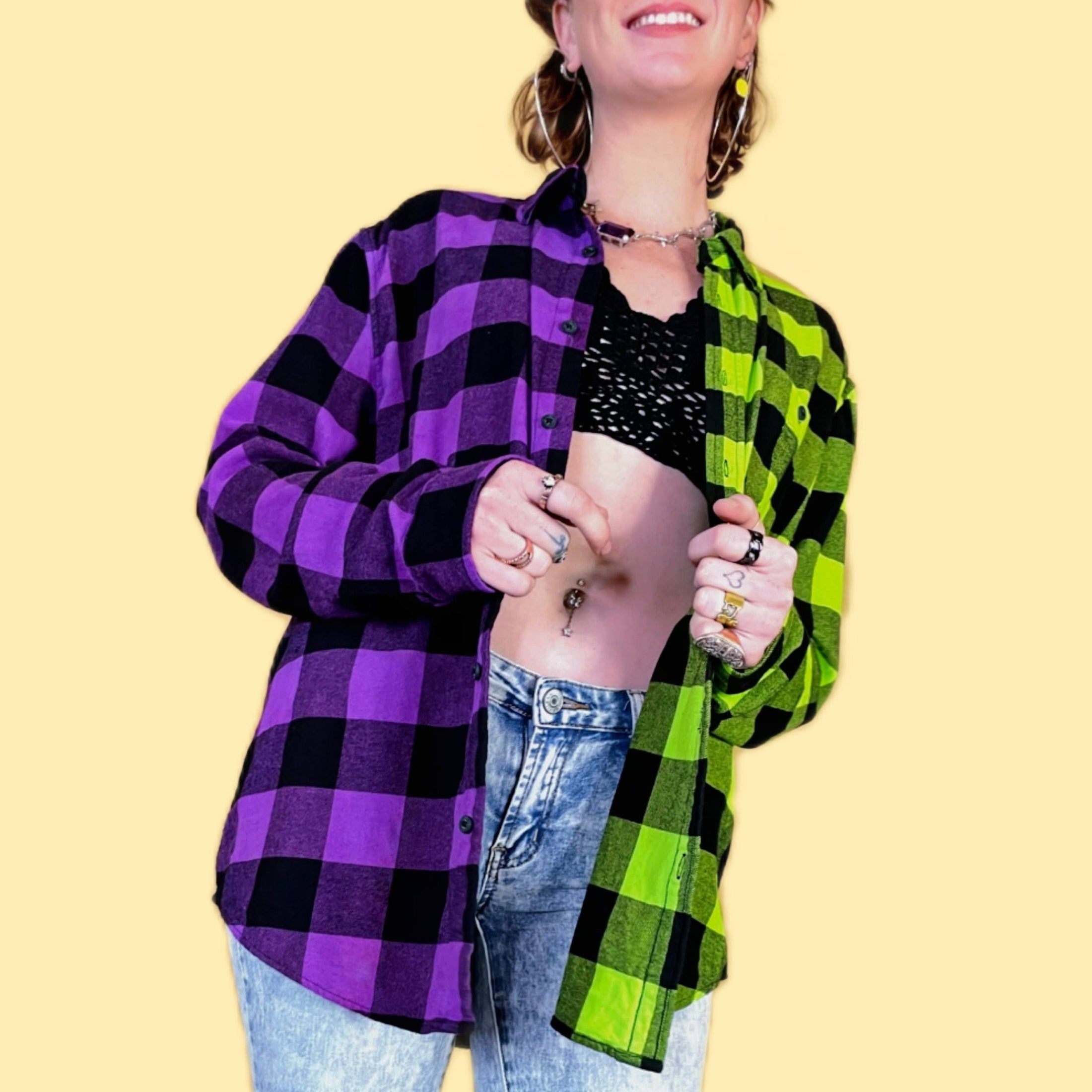 Purple & Neon Green Flannel - Womens Tie Dye Buffalo Plaid Shirt ...